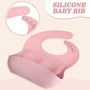 18 Pcs Silicone Baby Feeding Set Infant Dinnerware Adjustable Silicone Toddler Bibs Baby Plates and Bowls Set Suction Bowls Divided Plates Spoons Fork Cups Utensils(Beige, Pink, Navy Green)