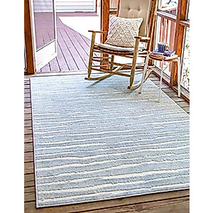 Unique Loom Sabrina Soto Outdoor Collection Geometric, Modern, Vibrant, Striped Carved Area Rug, 9 ft x 12 ft, Light Blue/Ivory