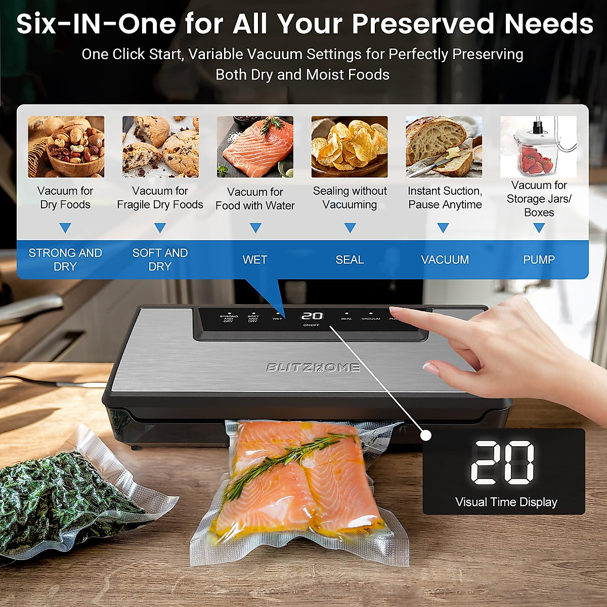 BLITZHOME Vacuum Sealer Machine, 6 Easy Modes for Dry/Moist Food Storage/Sous Vide, Built-in Cutter/Storage, Visual Seal-Time, Automatic Food Sealer with 15Pcs Bags,1 Roll, Full Starter Kit…