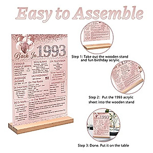 Vlipoeasn Pink 30th Birthday Anniversary Table Decoration 1993 Poster for Women, Rose Gold Back in 1993 Acrylic Table Sign with Wooden Stand, 30 Year Old Birthday Party Centerpieces Gift Supplies