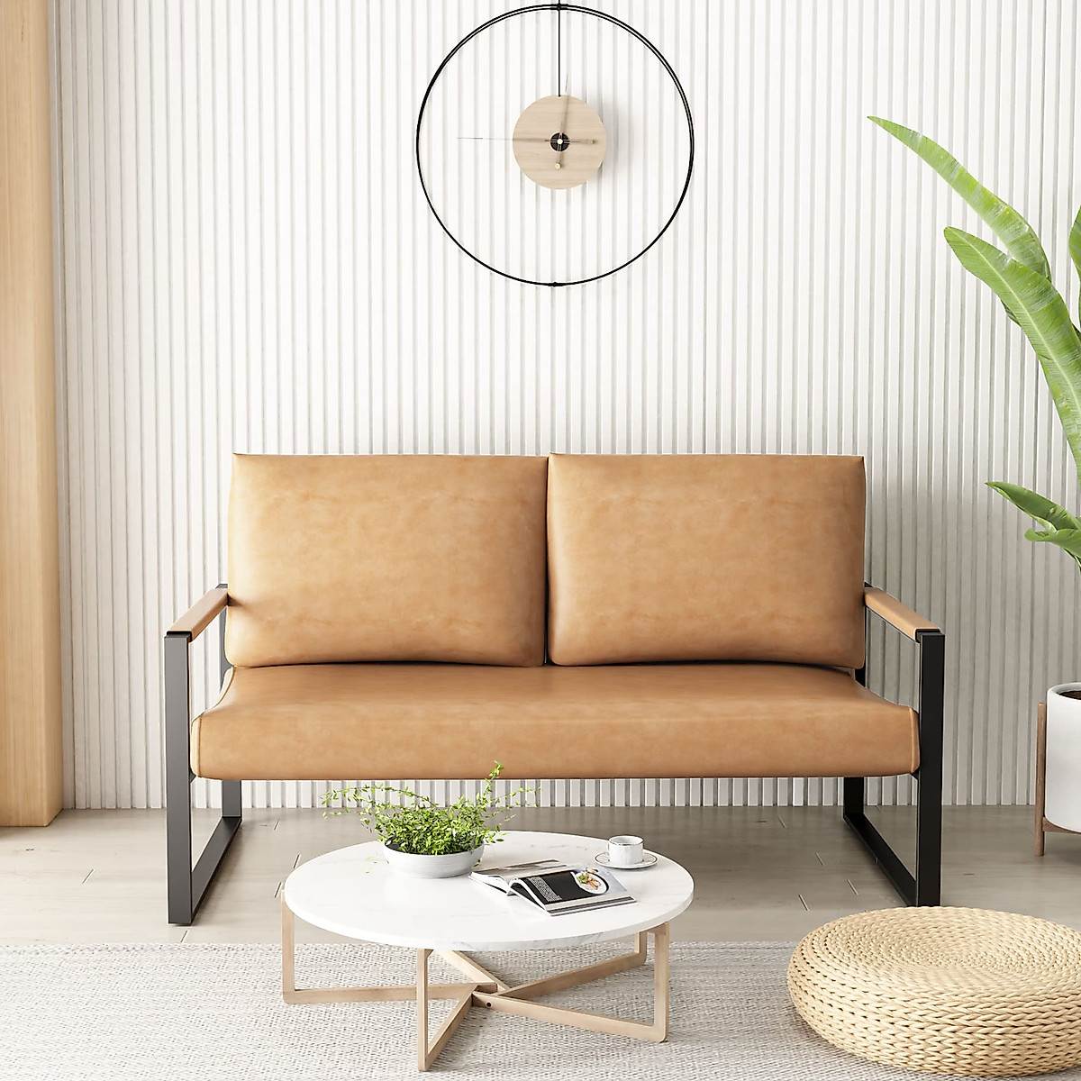 AWQM Faux Leather Sofa,Mid-Century Loveseat Sofa,2 Seat Couch,Classic Sofa Upholstered with Removable Back/Seat Cushion,Armchair/Lounge Chair for Living Room,Office and So on,Camel