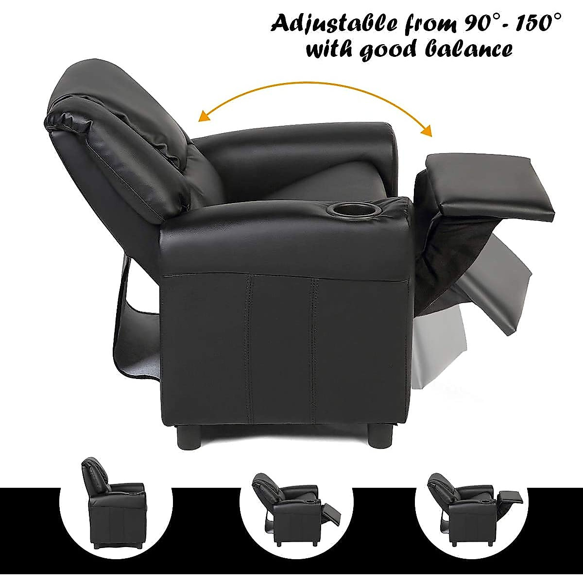 GLACER Kids Recliner with Cup Holder, Children Recliner Chair with Ergonomic Armrest & Padded Backrest, Toddler Armchair for Boys & Girls, 3+ Age Group (Black)