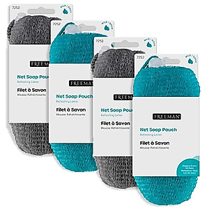 Freeman Net Soap Pouch, Exfoliating Mesh Body Scrubber, Bath & Shower Pouf Removes Dead Skin, Dirt, & Impurities, for Soap Bars, Mild Exfoliation, Self-Tan Prep, 4 Count
