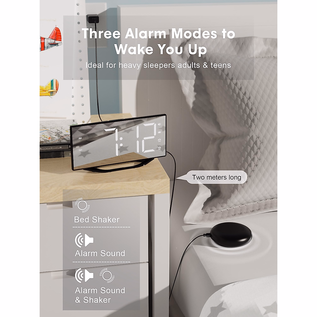 OnLyee Dual Extra Loud Alarm Clock for Heavy Sleepers, Vibrating Alarm Clock with Bed Shaker, 8.7" Large LED Mirror Display, USB Charger, Dimmer, Snooze & Battery Backup