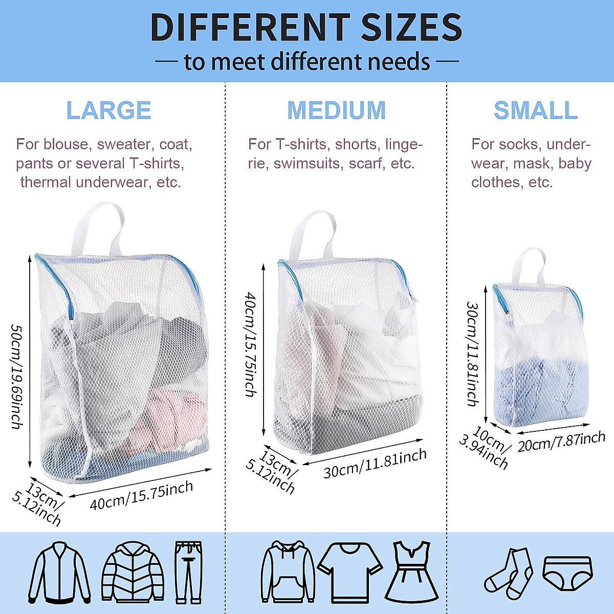 Fabbay 5 Pack Honeycomb Mesh Laundry Bag with Handle Wash Bag for Socks Washing Machine Large Opening Side Widening Zippered Mesh Sock Bag Lingerie Bag for Bra Items Travel Garment, 3 Sizes(Blue)