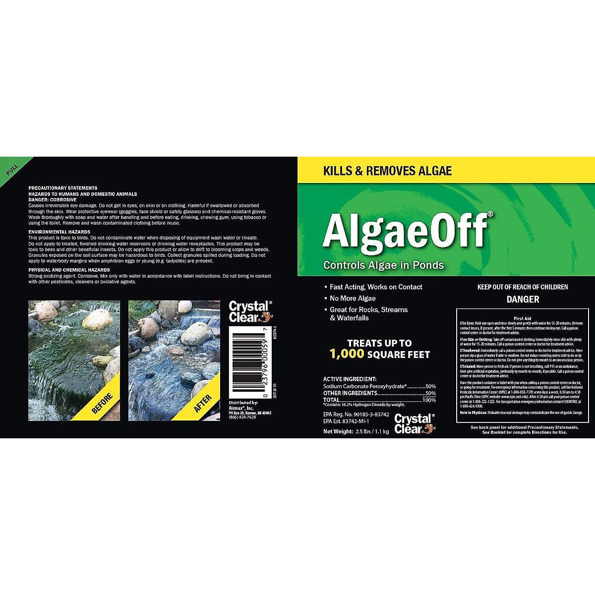 CrystalClear AlgaeOff Pond Algae Control Treatment, for Cleaner & Clearer Pond Water, EPA Registered Algaecide Treatment, Safe for Use in Ponds Containing Fish and Plants, Treats 1000 sq, 2.5 lbs