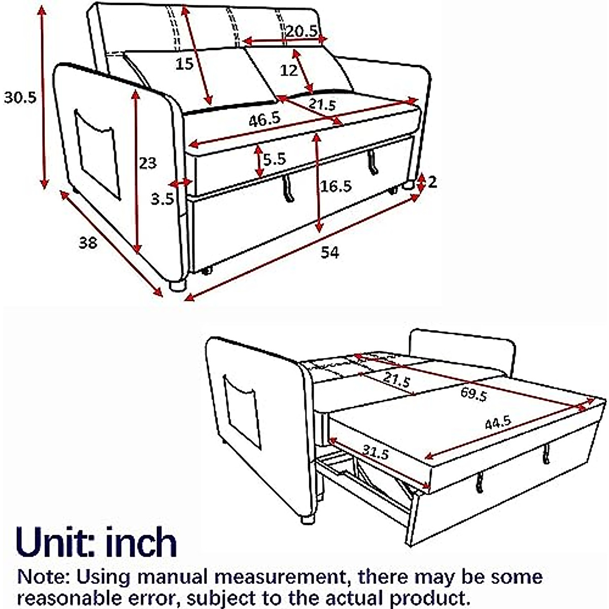 Mbolyeer 54" Modern Convertible Sleeper Sofa Bed, Velvet Loveseat Sofa Couch w/Pull-Out Bed, Seat with Adjustable Backrest, Lumbar Pillows, and Living Room Side Pockets, Gray