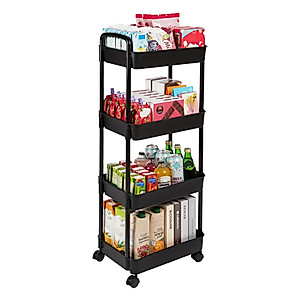Vtopmart 4 Tier Rolling Cart with Wheels, Detachable Utility Storage Cart with Handle and Lockable Casters, Storage Basket Organizer Shelves, Easy Assemble for Bathroom, Kitchen, Black