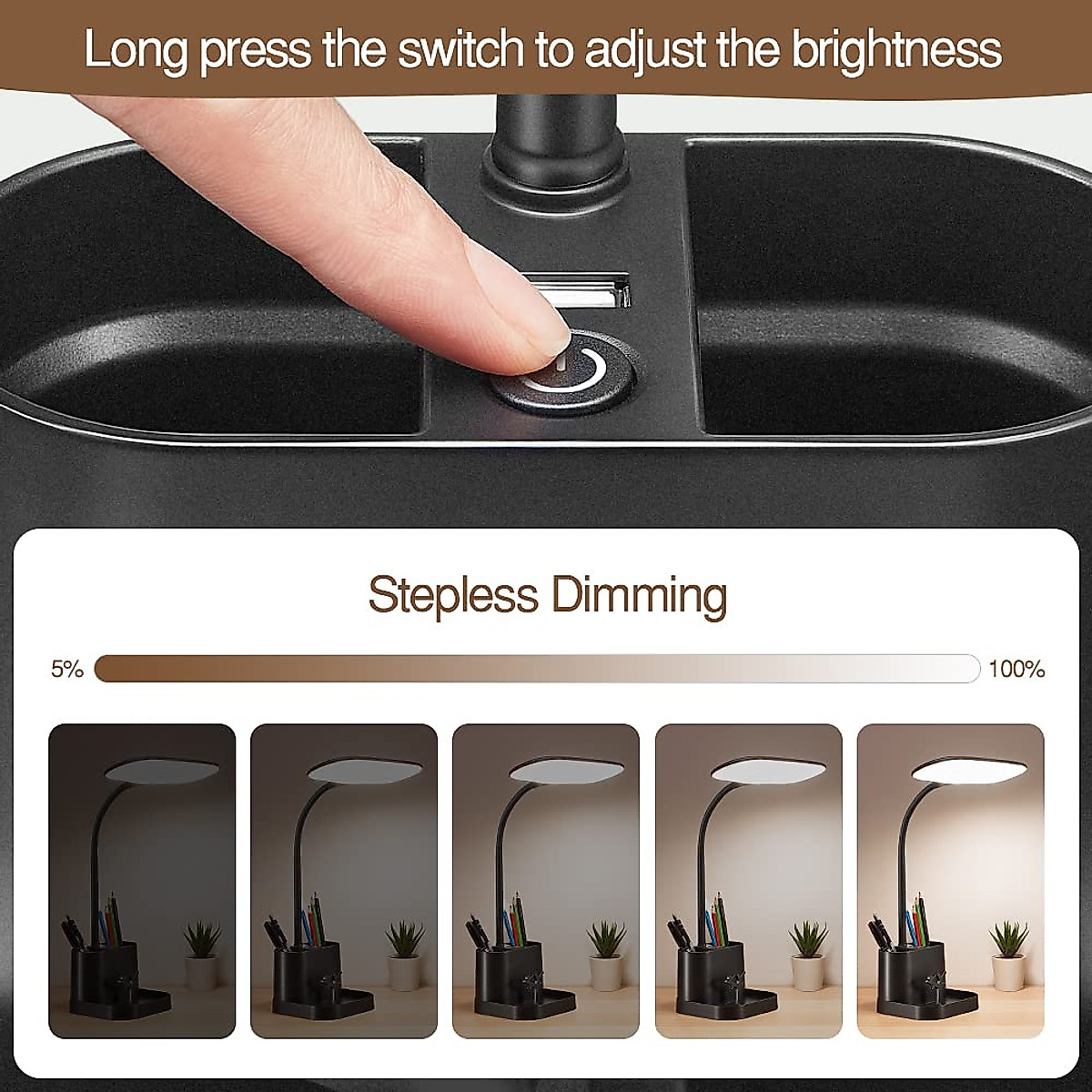 Mubarek Desk Lamps for Office Lamp 8W+3 Light Colors, USB Rechargeable & Dimmable Office Desk Lamp with USB Charging Port, 60LED+150Lumen LED Desk Lamps for Home Office Lamp LED Desk Light with Pen