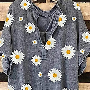 Women's Tunic Tops Short Sleeve Daisy Printed V-Neck Loose T-Shirt Cotton Linen Blouse Gray
