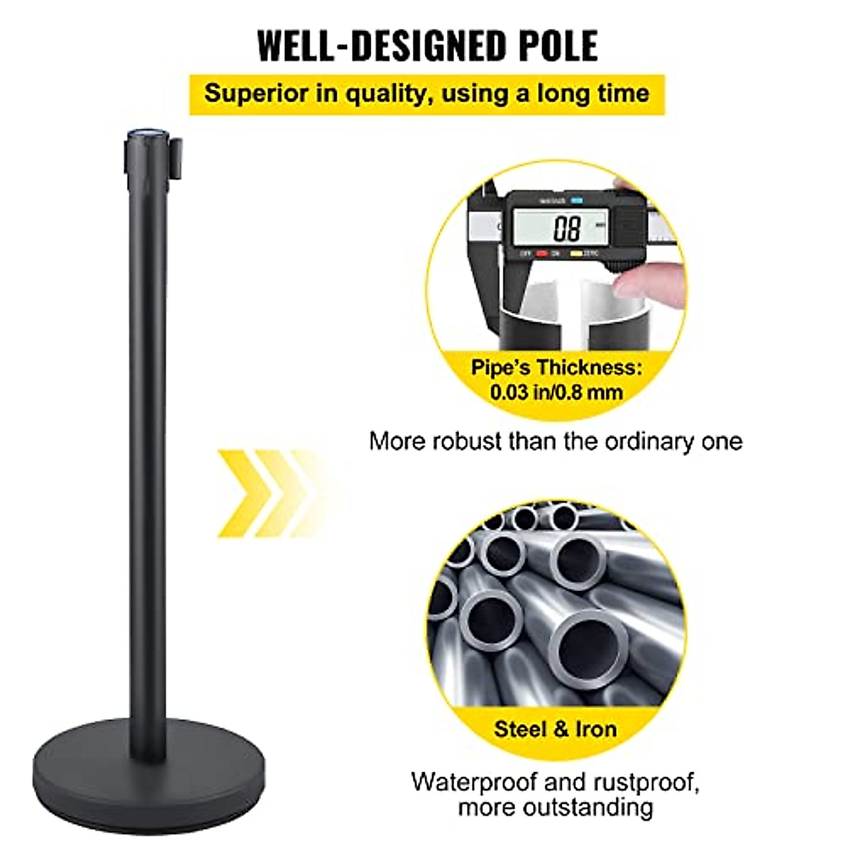 VEVOR Crowd Control Stanchion Set, Stanchion Set with 6.6 ft/2 m Black Retractable Belt, Black Crowd Control Barrier w/Concrete and Metal Base - Easy Connect Assembly (8)