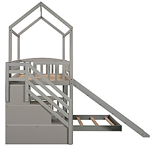 Harper & Bright Designs House Bunk Bed with Slide, Wood Twin Over Twin Bunk Bed Frame with Stairs and Roof for Kids, Teens, Girls, Boys (Gray)
