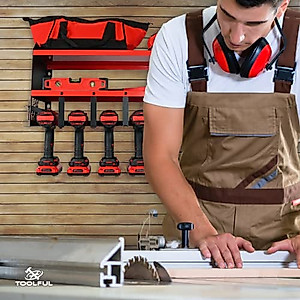 Power Tool Organizer Wall Mount – Durable 3 Layer Tool Storage for Cordless Power Drills – Power Coated Steel Utility Shelf w/Drill Bit & Screw Organizer – Garage Shelves for Tool Organization - Red