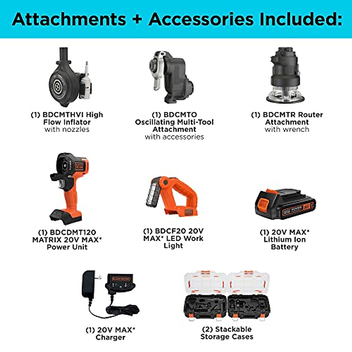 BLACK+DECKER MATRIX 20V MAX Power Tool Kit, Includes Cordless Drill, 12 Attachments and Storage Case (BDCDMT1212KITC1)