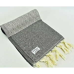 Agah Home Turkish Peshkir, Face Towel, Kitchen Towel, Monogrammed Towel, Personalized Hand Towel, Tea Towel, Cotton Towel, 18x36 in Kesik Elmas Peshkir (Black)