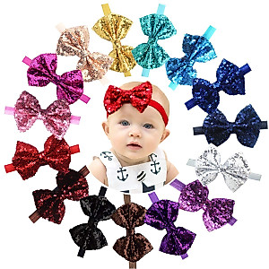 CÉLLOT 15pcs Baby Girl Headbands Sparkly Glitter Sequins 4" Big Hair Bows Ribbon Soft Stretchy Hair Bands for Infant Newborn and Toddlers