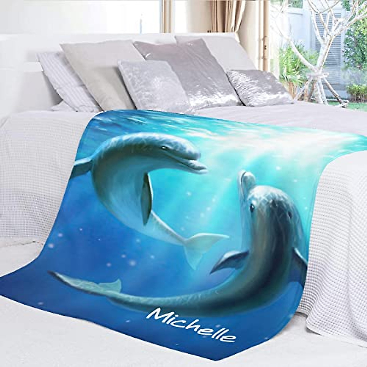 Dolphins Deep Ocean Personalized Blanket with Name Text Custom Comfort Super Soft Cozy Fleece Fashion Throw Blankets for Wedding Birthday Gift 50x60 Inch