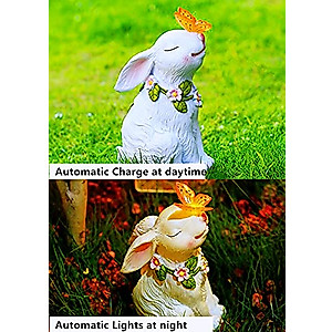 iRonrain Solar Garden Statues Rabbits with Butterfly Halloween Decoration Lights Sculpture, Solar Powered Outdoor Art Décor Bunny Figurine Ornament Resin Lights for Patio Lawn Front Yard (White)