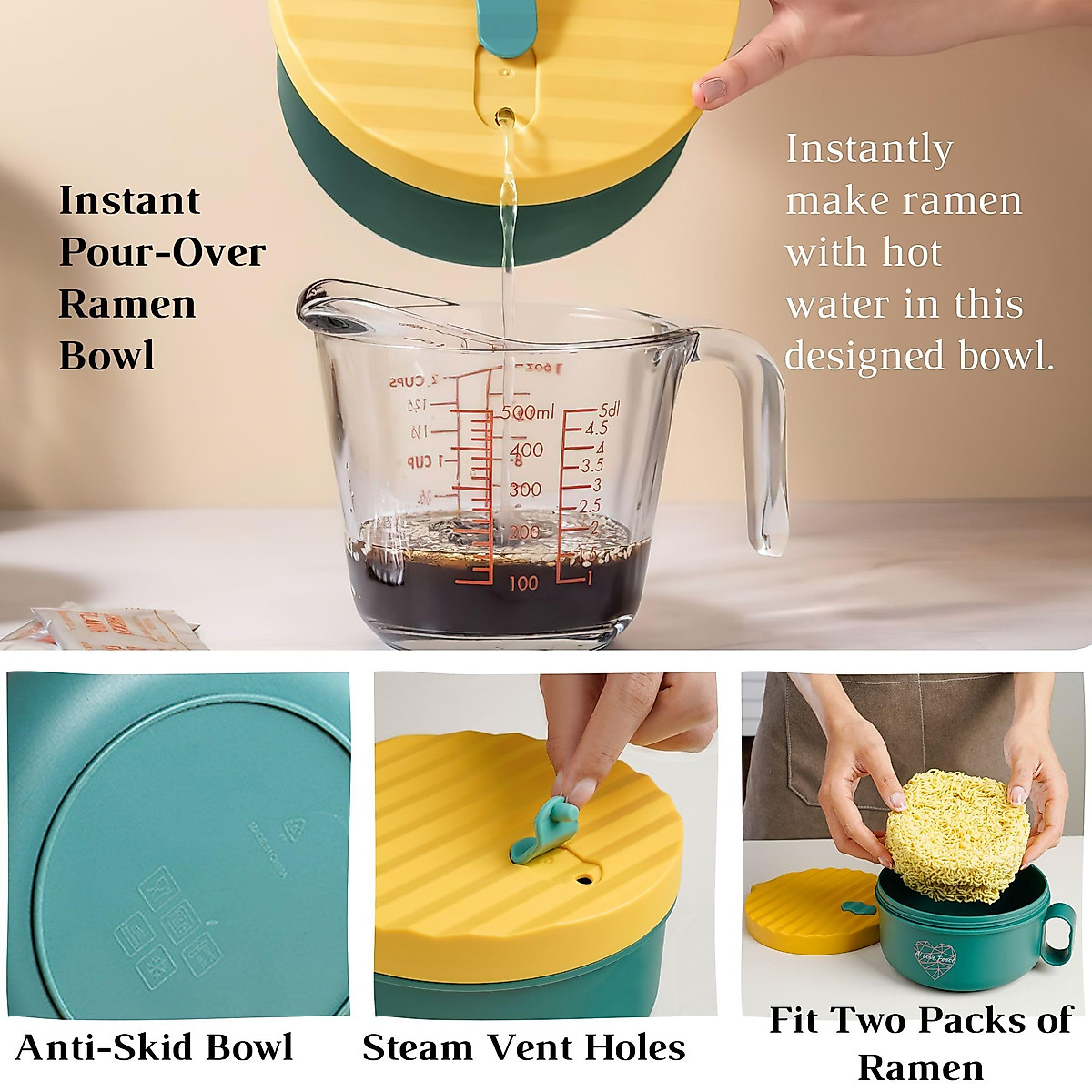 AI LOVE PEACE Microwave Ramen Soup Bowl - Instant Noodle Cooker for Dorm Room Essentials with Lid - Ramen Maker - Microwave Safe Bowls BPA Free Pefect College Gifts and Holiday Gifts