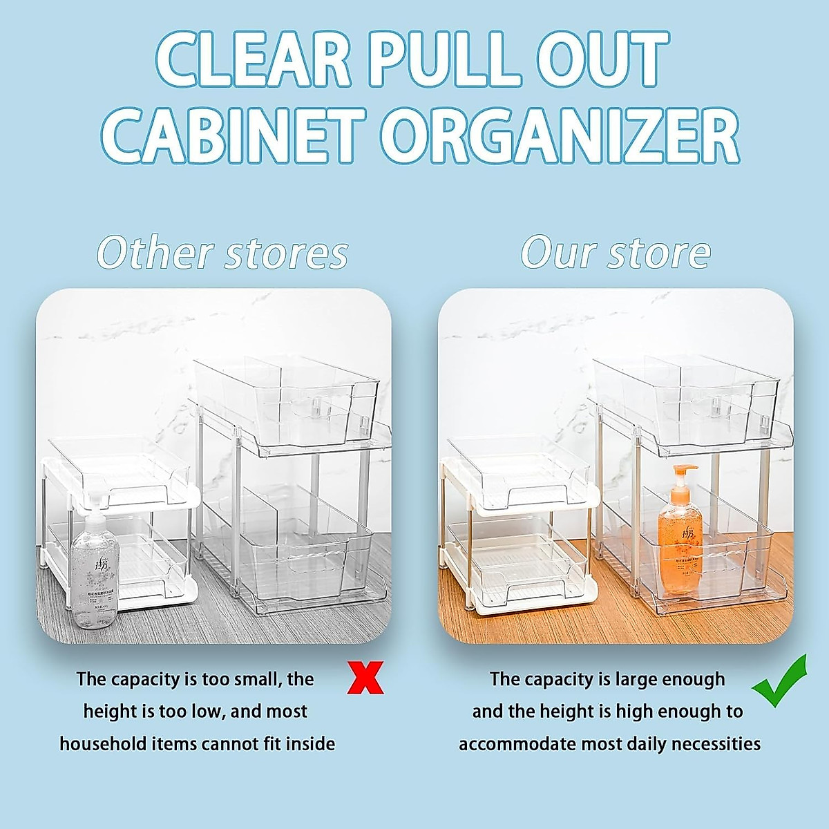 2 Sets Large Capacity Under Sink Organizers And Storage,Multi-Purpose 2 Tier 9.6"Tall Under Bathroom Sink Organizer and Under Cabinet Storage,Clear Pull Out Medicine Cabinet Organizer With 8 Dividers