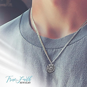 TrueFaithJewelry Sterling Silver Fire-Fighter Shield Medal Cross Pendant Necklace, 1 Inch