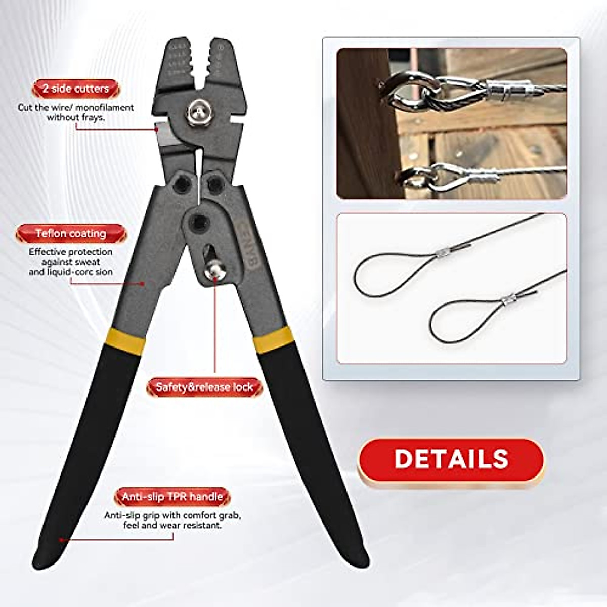 CENYB Up To 2.2mm（3/64 1/16 5/64 Inch） Teflon Coating Anti-Rust and Anti-Corrosion Wire Rope Crimper Fishing Crimping Tool