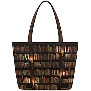 AUUXVA Women Tote Bag Medium Handbags Library Bookshelf Pattern Shoulder Bags with Zipper Satchel Bags Purse for Work Travel Beach Shopping School Gift Bags