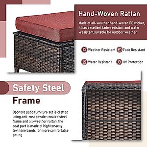 Outdoor Ottoman Set of 2 - PE Wicker Rattan Ottoman Patio Footstool for Deck Porch Balcony Garden - Brown/Red