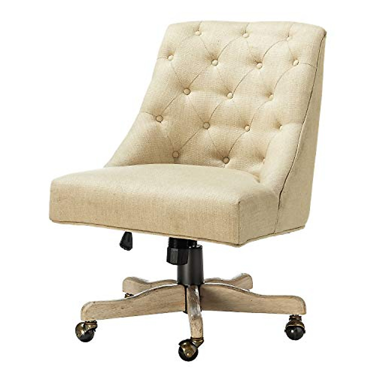 Jovita Fabric Tufted Upholstered Home Office Desk Chair with Vintage Wood Base, Linen