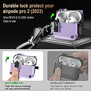 [5in1 Set] Case for Airpods Pro 2nd Generation with Secure Lock, Carbon Fiber PC+TPU Full Body Protective Air Pods Pro 2 Case Cover for Women with Fashion Candy Keychain (Purple)