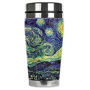 Mugzie "Van Gogh: Starry Night" Stainless Steel Travel Mug with Insulated Wetsuit Cover, 20 oz, Black
