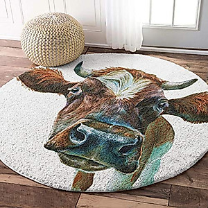 Fantasy Staring Round Fluffy Area Rugs for Living Room Kids Room- Western Texas Farm Animals Cattle Contemporary Rug Soft Throw Rug Modern Home Decor Carpet, 5ft