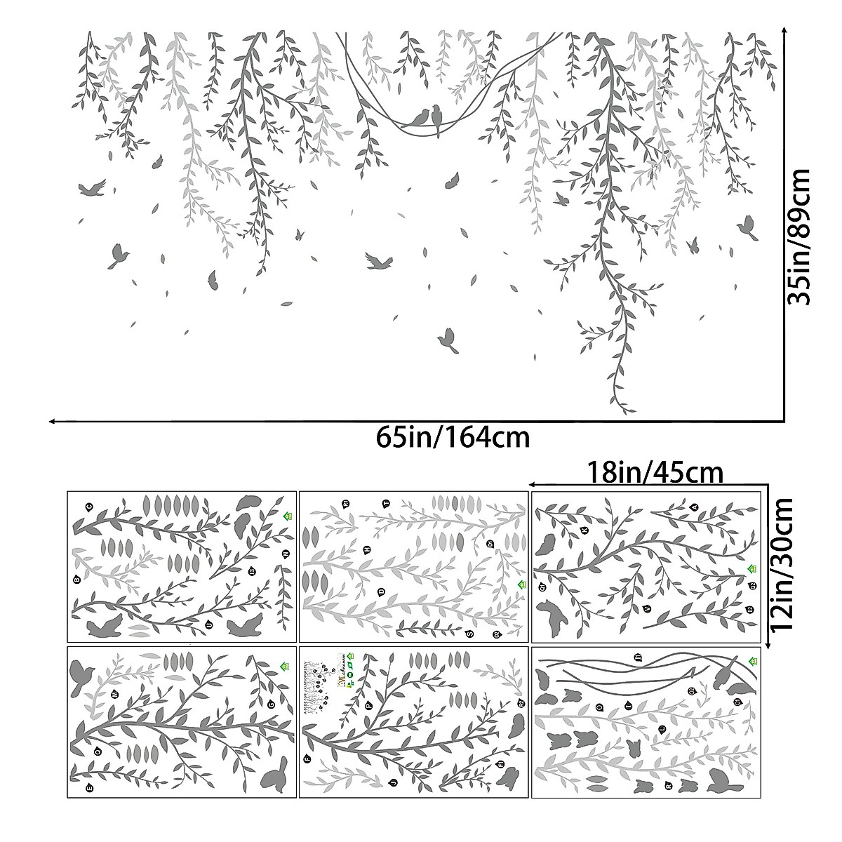 Hanging Willow Branch Wall Stickers DIY Grey Vine Leaf Plant Wall Decals Peel and Stick Grass Birds Butterfly Art Mural Decortions for Kids Baby Girls Nursery Bedroom Living Room Offices Classroom