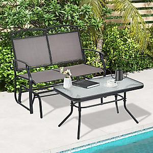 Giantex Patio Glider Bench Set - Outdoor Loveseat Glider Chair with Tempered Glass Coffee Table, Metal Frame, 800 Lbs Weight Capacity, Gliding Rocking Chair Set for Patio, Porch, Yard (2 PCS, Brown)