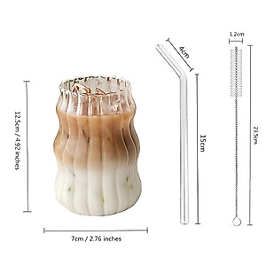 Iced Coffee Cup with Straw 18 oz Glass Clear Ripple Coffee Mug with Glass Straw and Straw Cleaner Brush Ribbed Glassware Boba Cup Smoothie Cup Water Glasses