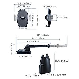 【Military-Grade Stable Suction】 Cell Phone Holder for Car,【Flexible Telescopic Arm】 360° Rotatable Stand Dashboard Windshield Cellphone Mount for iPhone 15 14 13 12 Samsung Smartphone Truck, Black