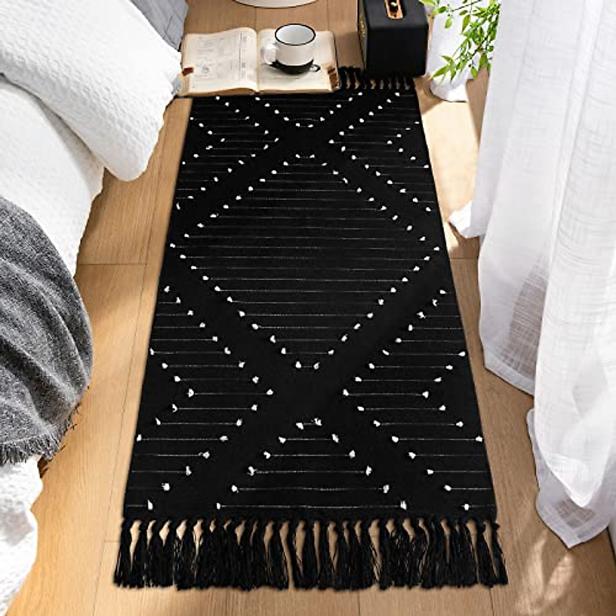 MitoVilla Boho Kitchen Runner Rug 2'x4.3', Black and White Hallway Rugs, Farmhouse Simple Geometric Bath Mat with Tassel, Washable Cotton Woven Living Room Rug
