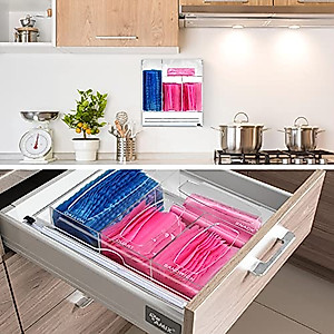 Ziplock Bag Organizer and Wrap Dispenser With Cutter,2-in-1 kitchen drawer organizer for food Storage bags and Plastic Wrap. - For gallons, quarts, sandwiches in various sizes of plastic bags
