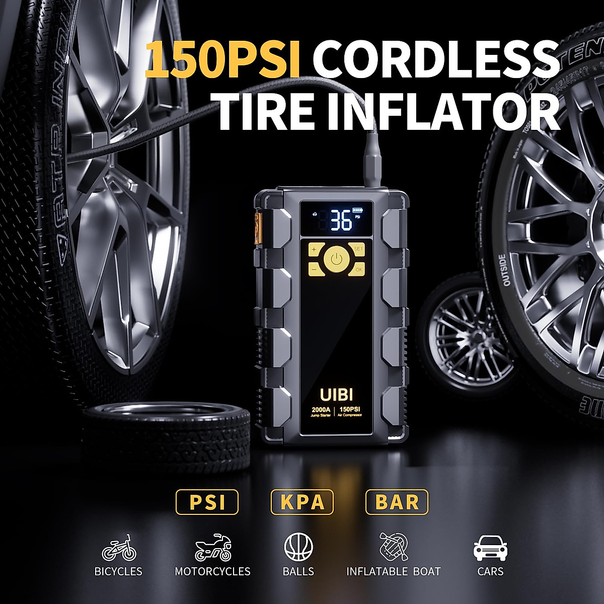 UIBI X5 Car Jump Starter with Air Compressor, 2000A Car Battery Jump Starter with 150PSI Tire Inflator Portable, Battery Jumper Starter, Jump Box for 8.0L Gas or 6.0L Diesel Vehicles