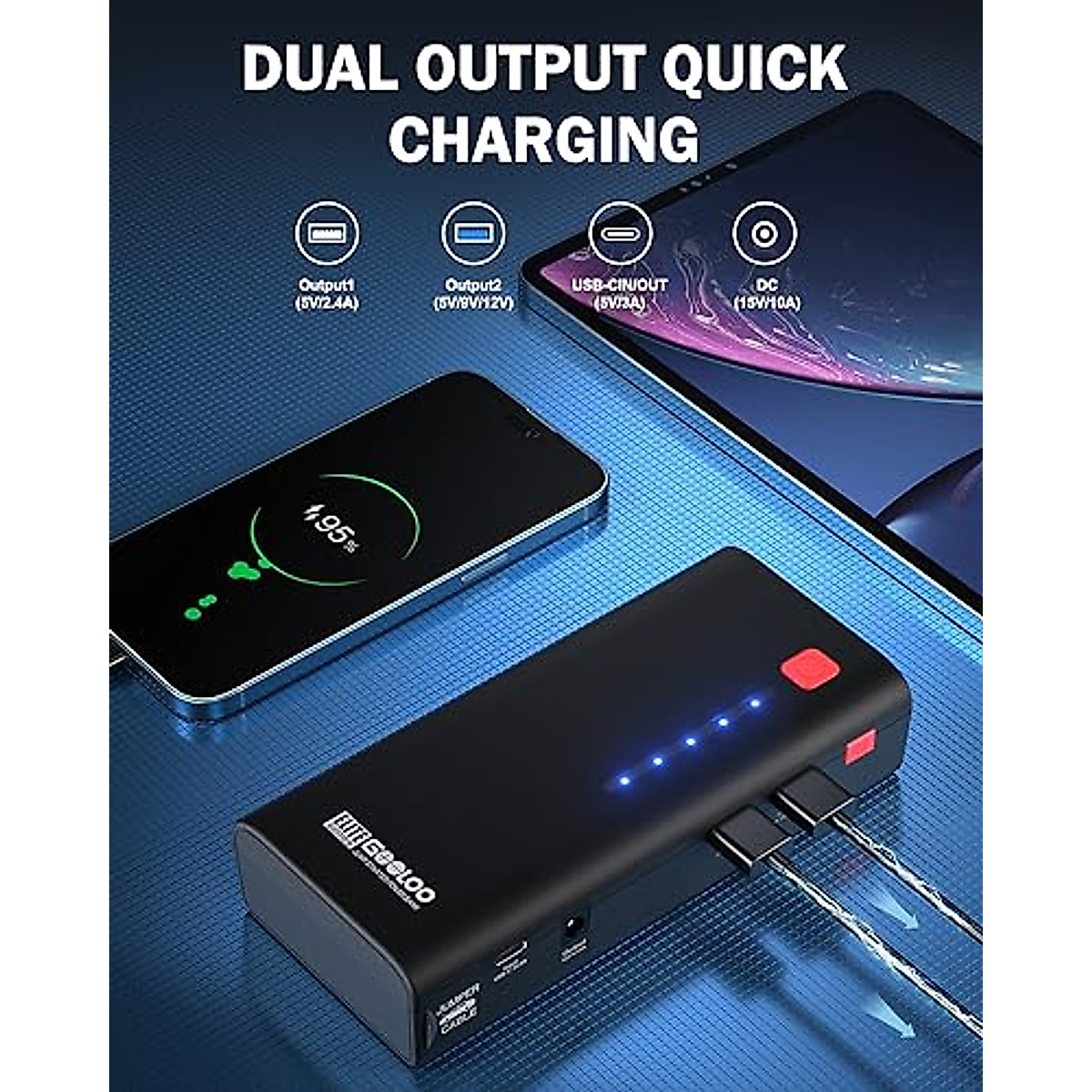 GOOLOO Jump Starter GE1200 2000A Peak Portable Jump Starter Battery Pack for Up to 8.0L Gas or 6.0L Diesel Engine with USB Quick Charge and LED Light, SuperSafe 12V Lithium Car Starter
