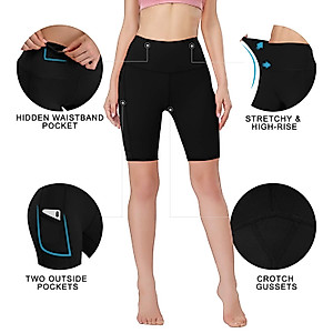 HISKYWIN 5"/8" Inseam High Waist Women Yoga Shorts Compression Exercise Workout Running Shorts Pockets F18010-Black-M