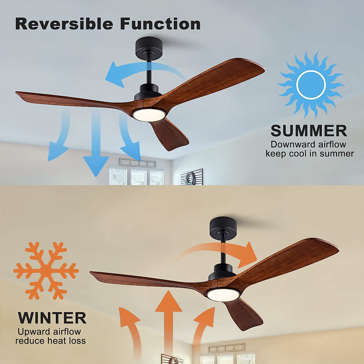 QUTWOB 52" Wood Ceiling Fan with Lights Remote Control,Quiet DC Motor 3 Blade Ceiling Fans for Patio Living Room, Bedroom, Office,Indoor Outdoor(Black+Dark Walnut)