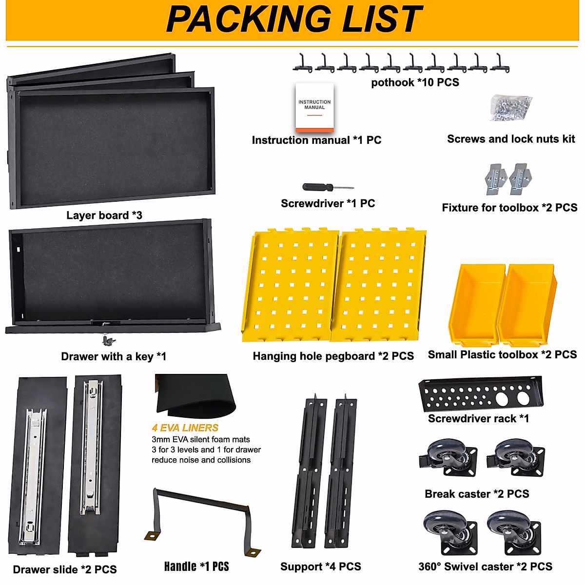 T-HAKEN 3-Tier Rolling Tool Cart with Drawer (Keyed) - Black and Yellow Tools Box Cabinet on Wheels.