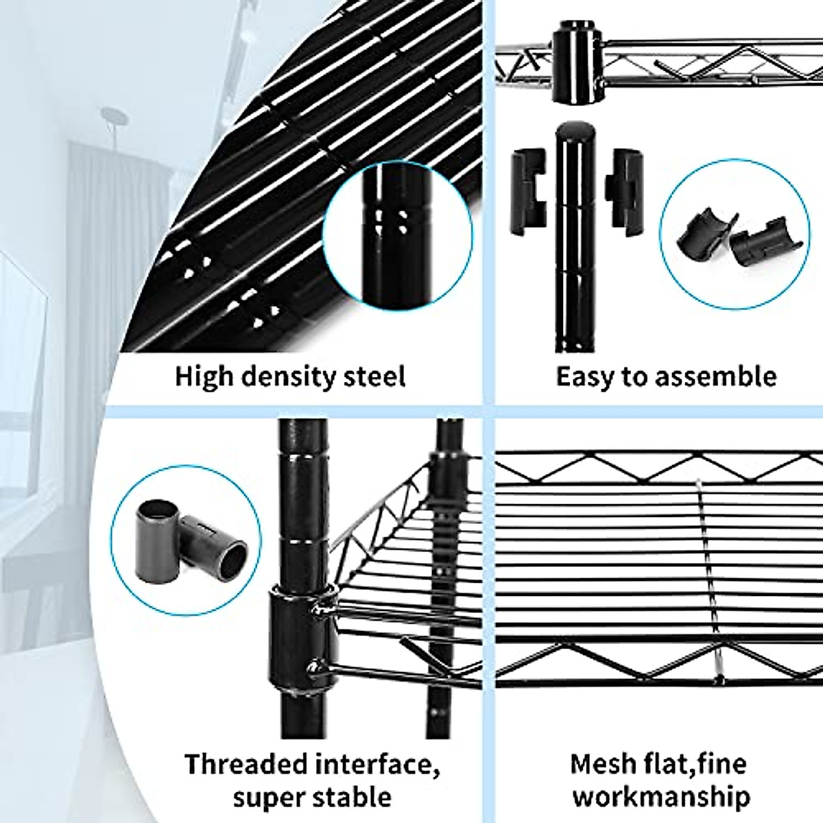 SUNLPH 5-Tier Wire Shelving Adjustable Shelves Unit Metal Storage Rack for Laundry Bathroom Kitchen Pantry Closet Organization (Black, 16.6" L x 11.4" W x 49.1" H)