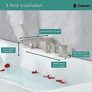 DASAN Roman Bathtub Faucet Set with Handheld Shower Sprayer 3-Hole Deck Mount Square Tub Filler Faucet Set, Brushed Nickel Waterfall Roman Tub Faucet with Valve Included, DA-TF09SWH-BN