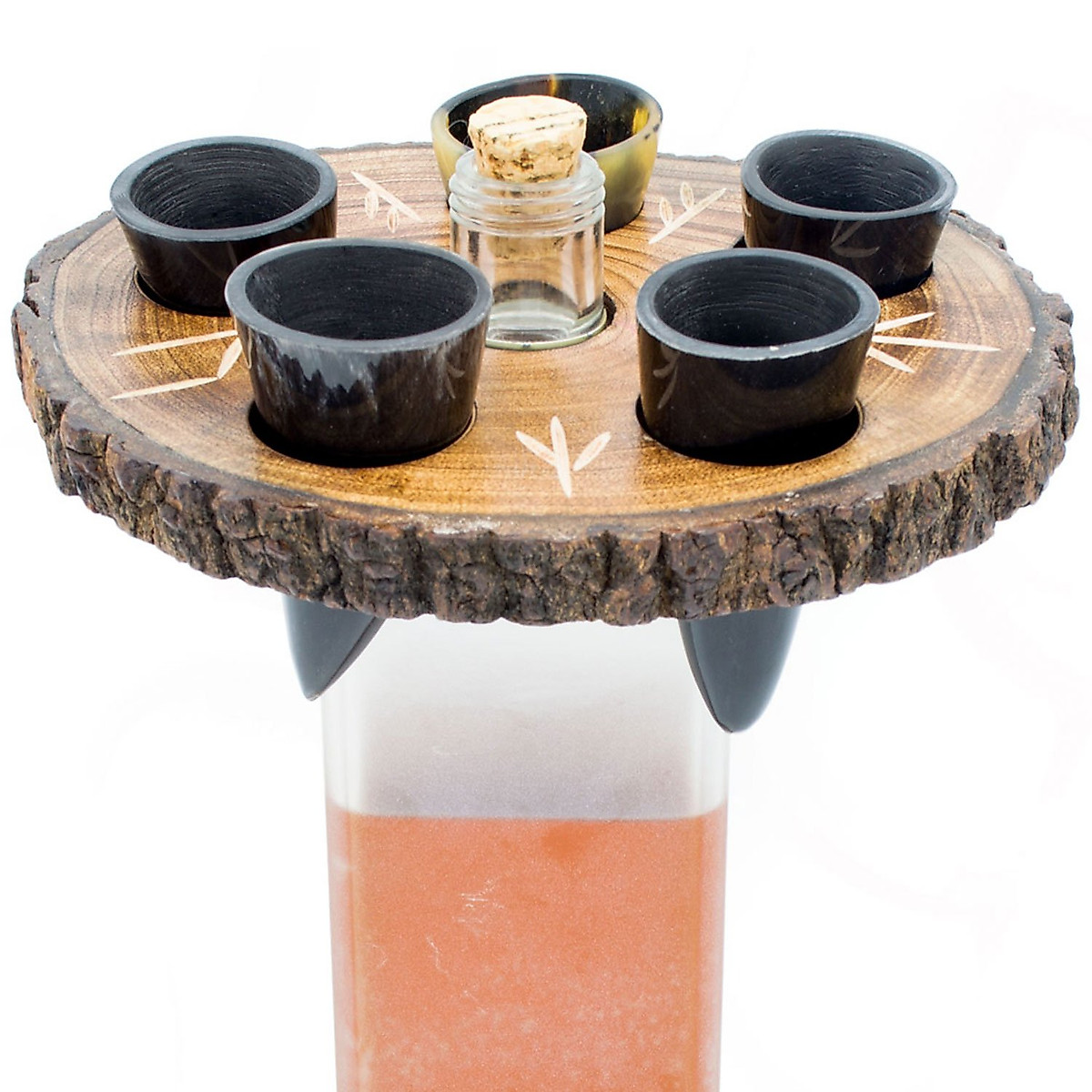 Norse Tradesman Genuine Drinking Horn Shot Glass Set (5) w/Rustic Wood Display Stand (Live Edge) | Engraved with Norse Runes | Packaged in Burlap Gift Sack