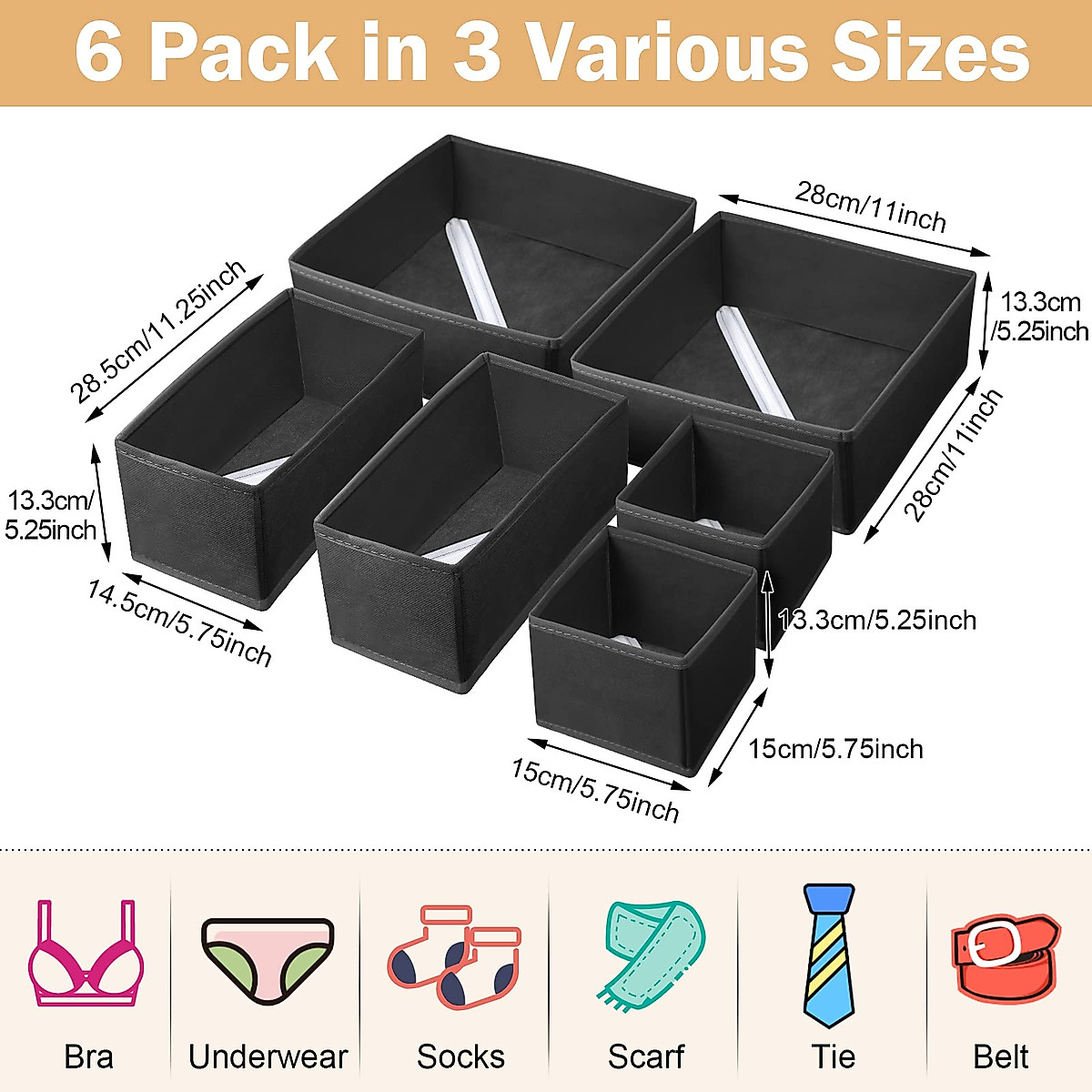 Potchen 24 Set Clothes Dresser Drawer Organizers Dividers, Nursery Organization Bin Fabric Foldable Closet Clothing Wardrobe Storage Box Container Basket for Bras Socks Underwear Bedroom(Black)