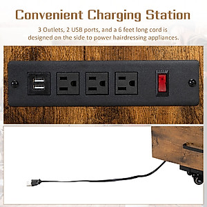 PENNYNANA Rolling Beauty Salon Trolley Cart, Beauty Salon Station with Wheels, Large Storage Space, Power Outlets, Hair Dryer Holders, Salon Spa Equipment, Rustic Brown