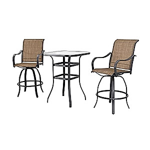 LOKATSE HOME 3 Pcs Patio Bar High Swivel Stools Set， 2 Tall Chairs and 1 Height Outdoor Bistro Table, Khaki