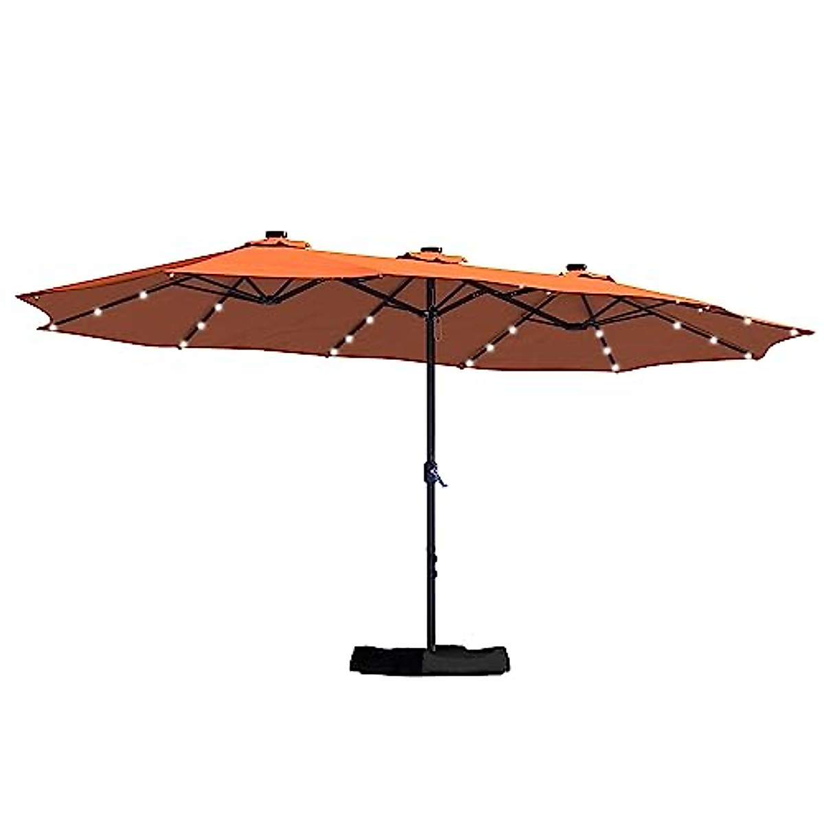 CASAINC 15 FT Solar LED Patio Umbrella with Base Double-Sided Extra Large Outdoor Umbrella Market Rectangular Twin Umbrella w/Crank for Garden Deck Lawn Pool Backyard-Orange (with Lights)